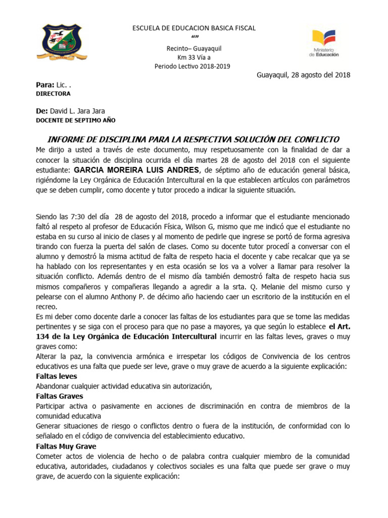 Informe de Disciplina Estudiante | Descargar gratis PDF | Institución