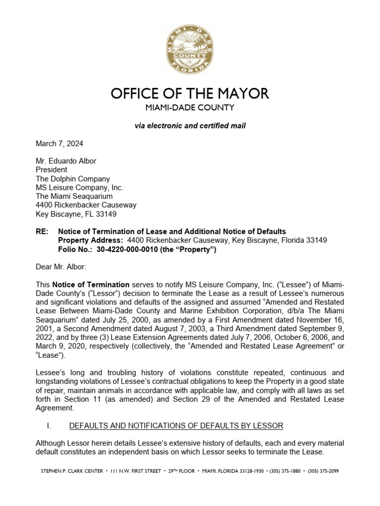 Termination of Lease for Violations | PDF | Lease | Miami Dade County