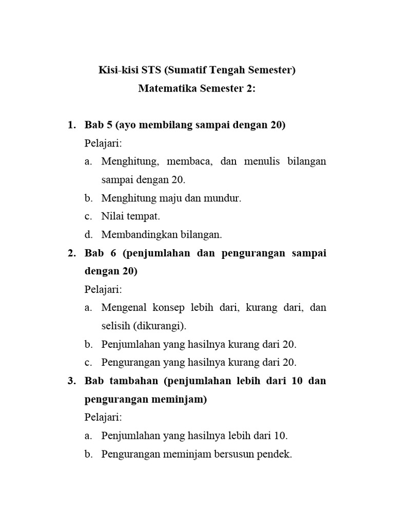 Kisi Kisi Matematika Kelas 1 SD SMST 2 | PDF