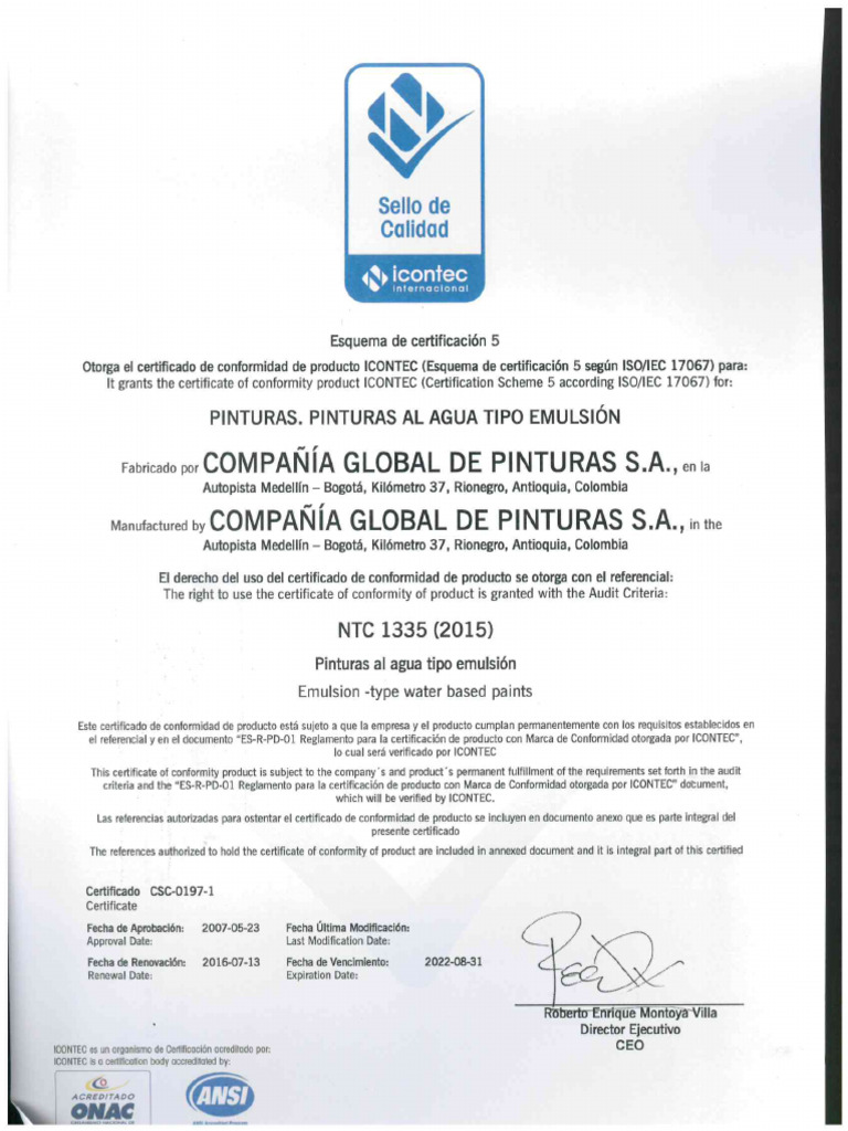 Sello Calidad Icontec Viniltex CER | PDF