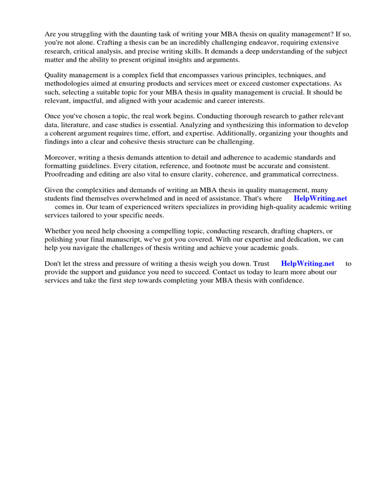 Mba Thesis Topics in Quality Management | PDF | Master Of Business ...