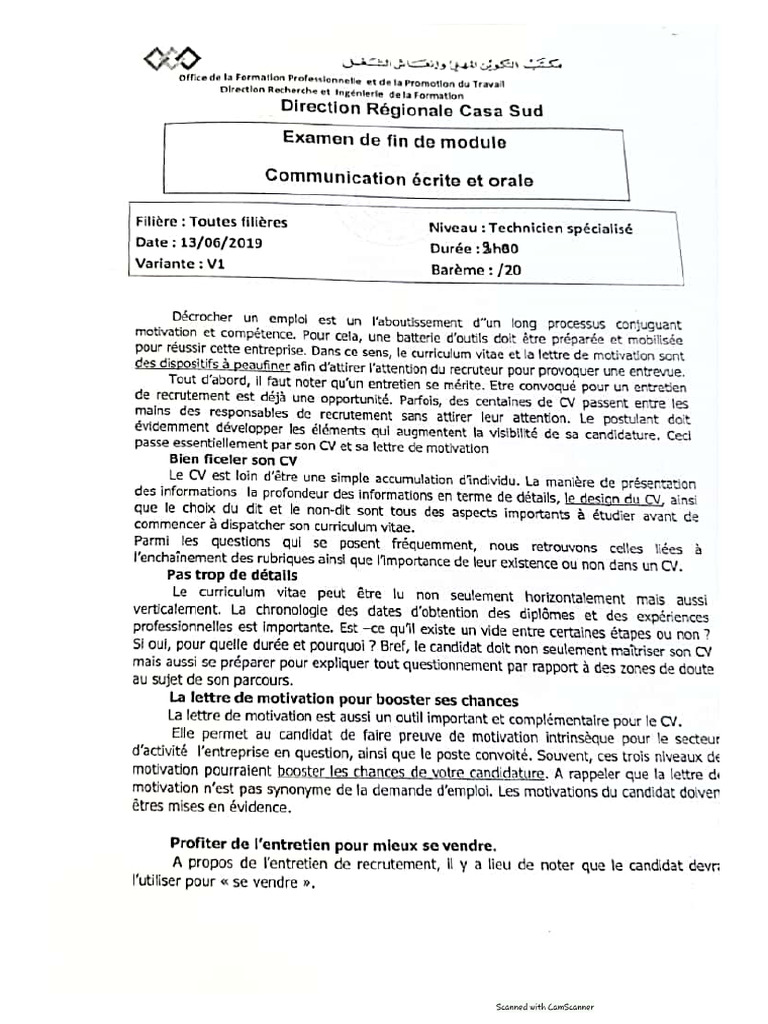 EFM (TS) Communication V1 - (WWW - Diploma.ma) | PDF
