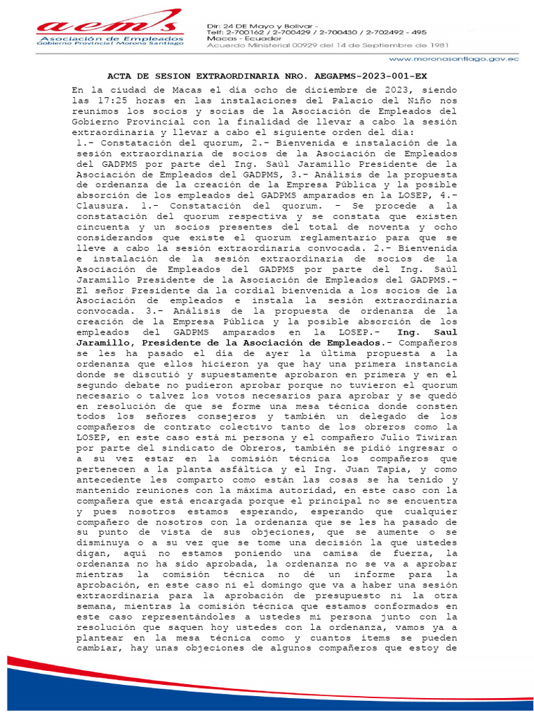 Acta de Sesion Extraordinaria Nro. Aegapms-2023-001-Ex | PDF