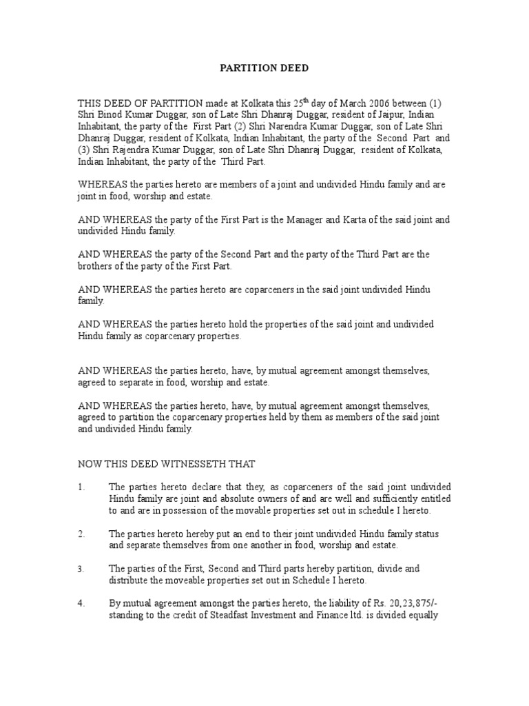 Partition Deed (Huf) | PDF | Property Law | Law And Economics