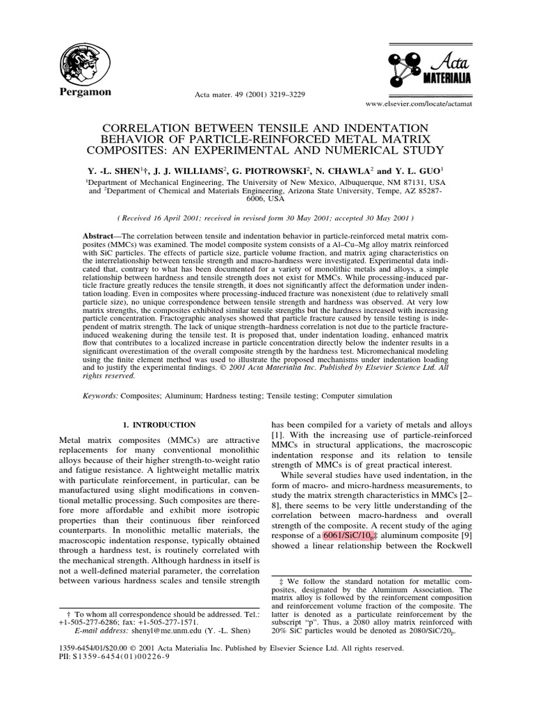 2001 Correlation Between Tensile and Indentation Behavior of Particle-Reinforced Metal Matrix ...