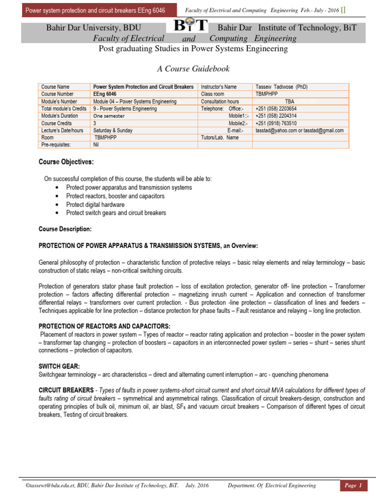 Course Out Line On EEng 6046 | PDF | Relay | Energy Technology