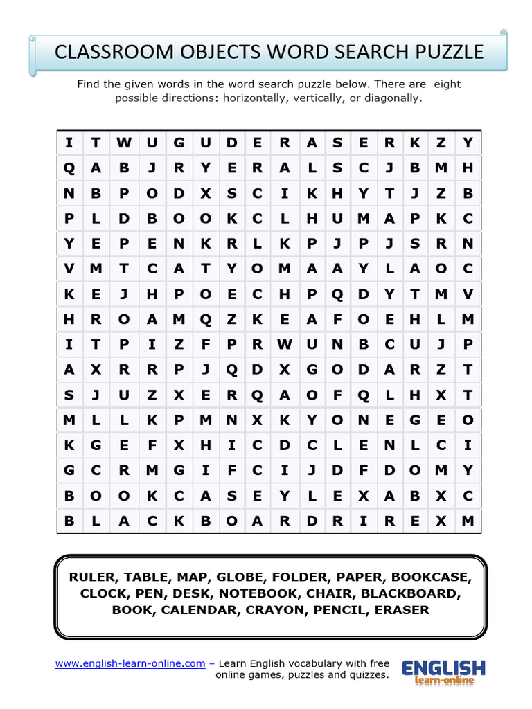Classroom Objects Word Search Puzzle | PDF