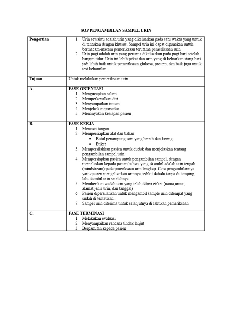 SOP Pengambilan Sampel Urin | PDF | Sains & Matematika