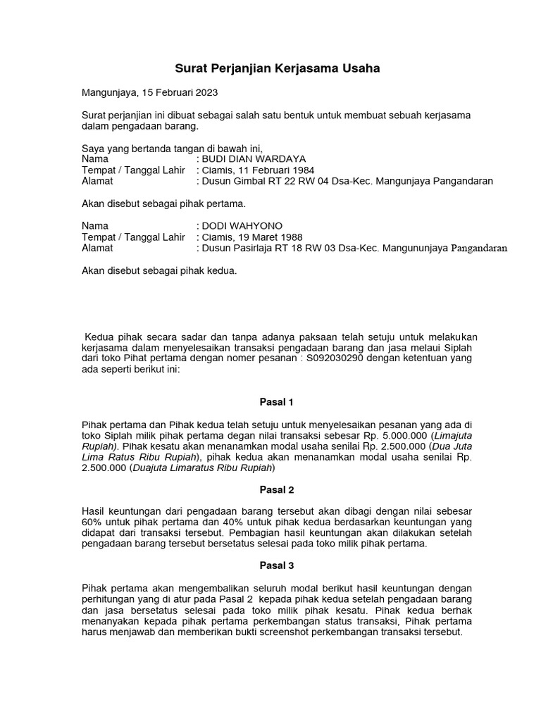 Surat Perjanjian Kerjasama Usaha Pdf