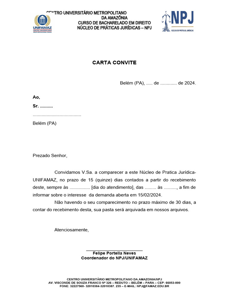 Carta Convite Modelo 2024 | PDF