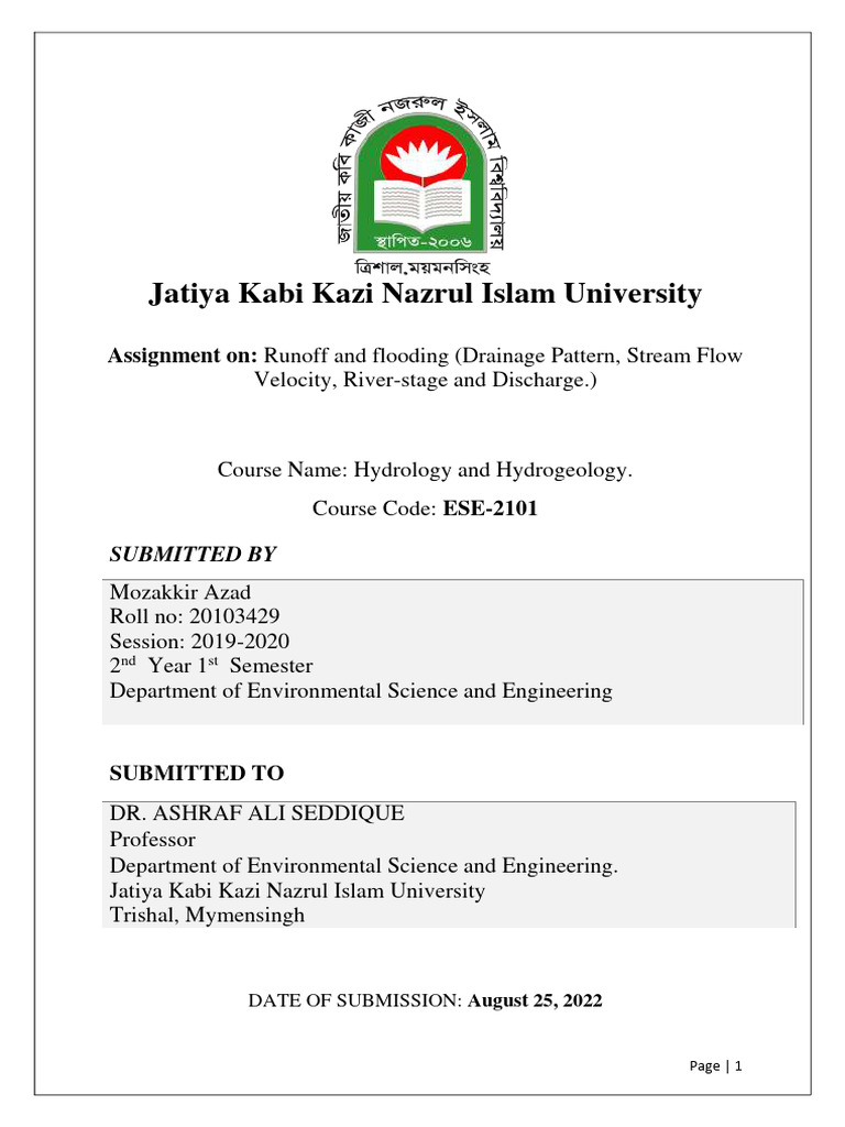 Assignment On: Runoff and Flooding (Drainage Pattern, Stream Flow ...
