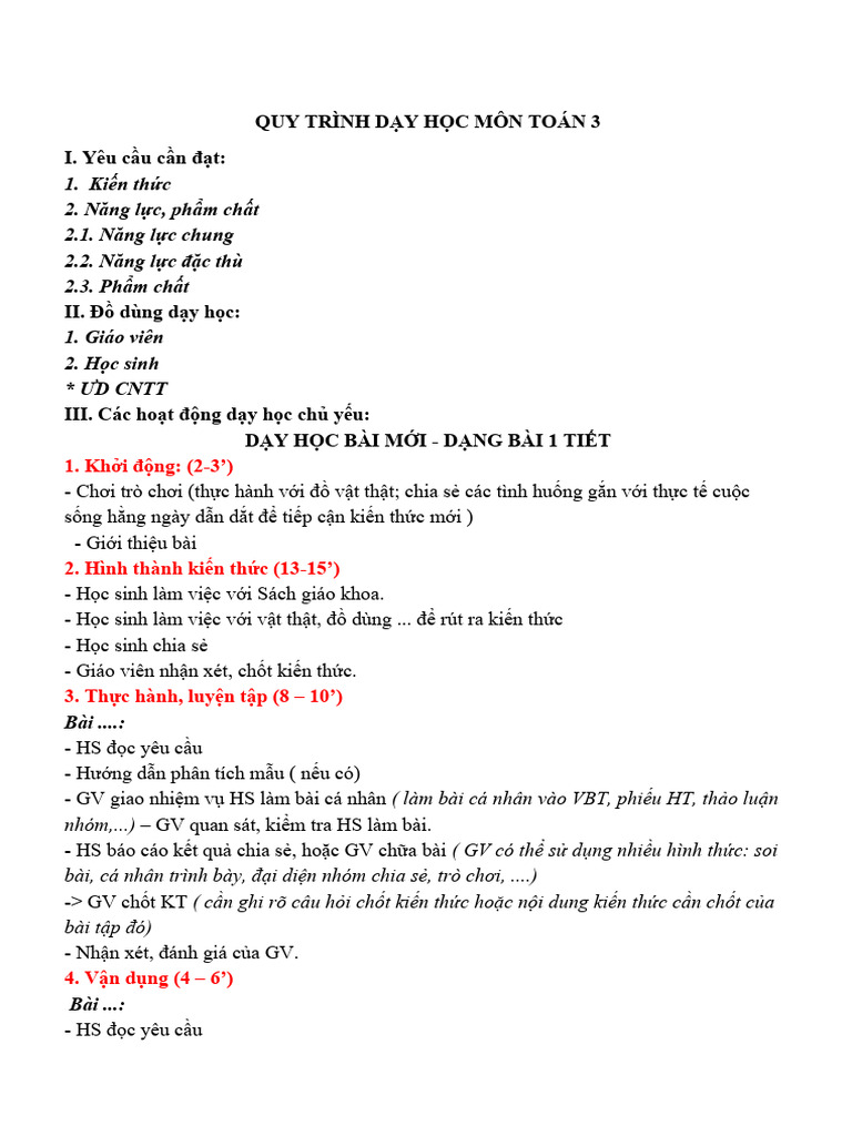 Quy Trinh Day Hoc Toan 3 Sach Ket Noi | PDF