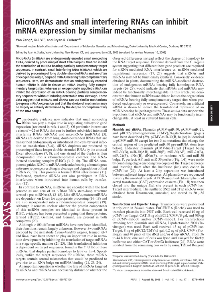 MicroRNAs and Small Interfering RNAs Can Inhibit mRNA Expression by ...
