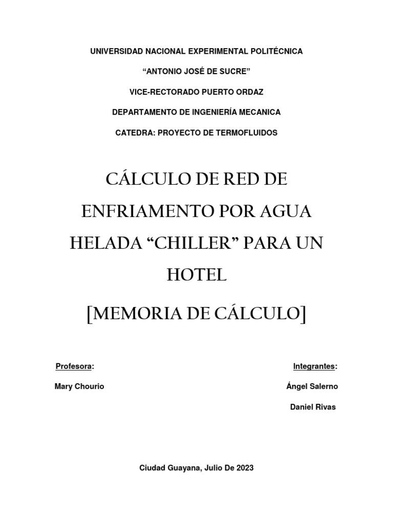 Informe Memoria de Cálculo Chiller A Un Hotel | PDF | Agua | Hotel