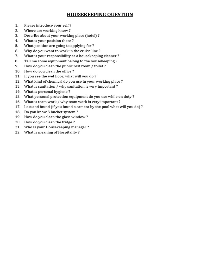 Housekeeping Question-1 | Download Free PDF | Housekeeping | Cleaning