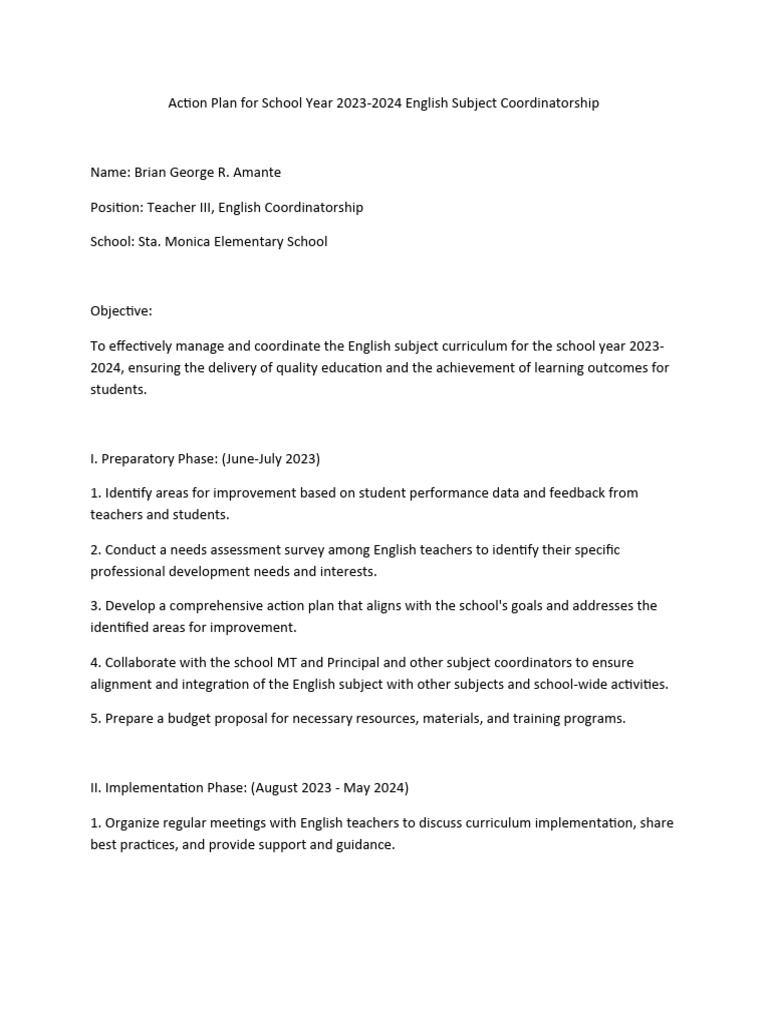 English Coordinator Action Plan 2023-2024 | PDF | Educational ...