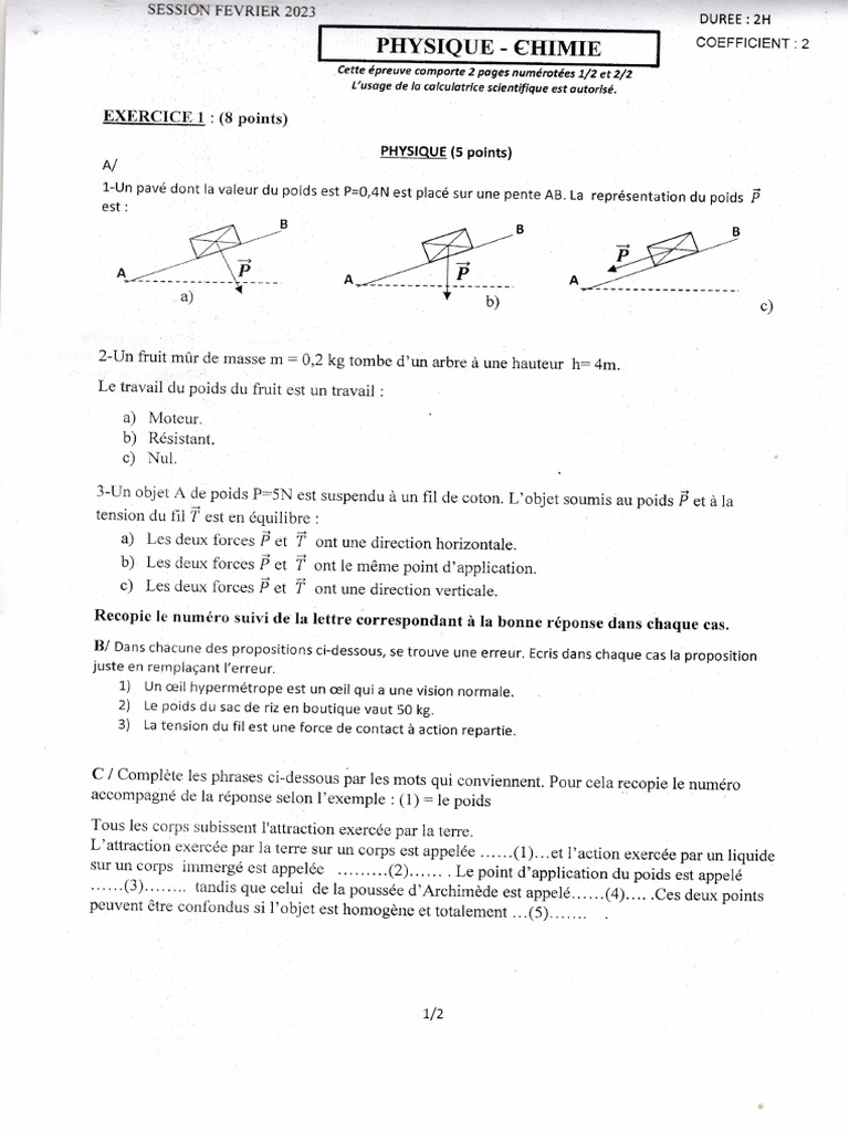 Bepc Blanc Physique Chimie 2023 | PDF