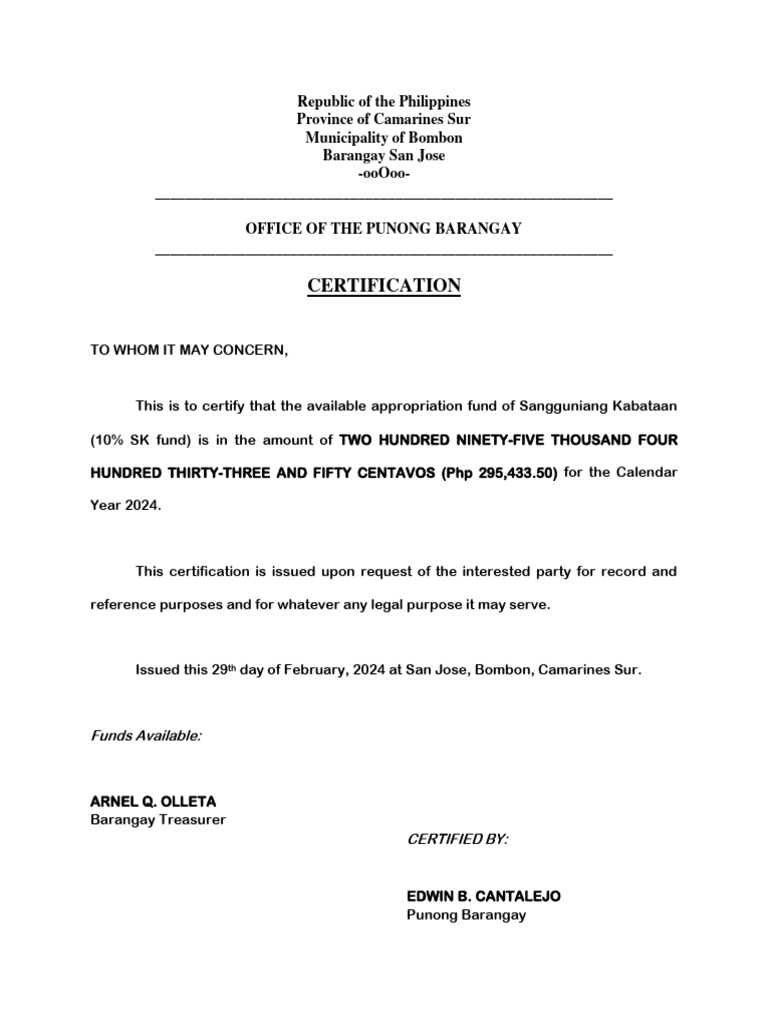 SK Fund Certification for 2024 | PDF