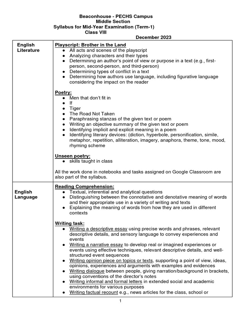Class VIII Mid-Year Exam Syllabus 2023 | PDF | Numbers | Rectangle