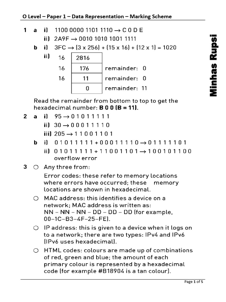 Paper 1 - OL - Revision Guide - Data Representation - New Version - Marking Scheme | PDF