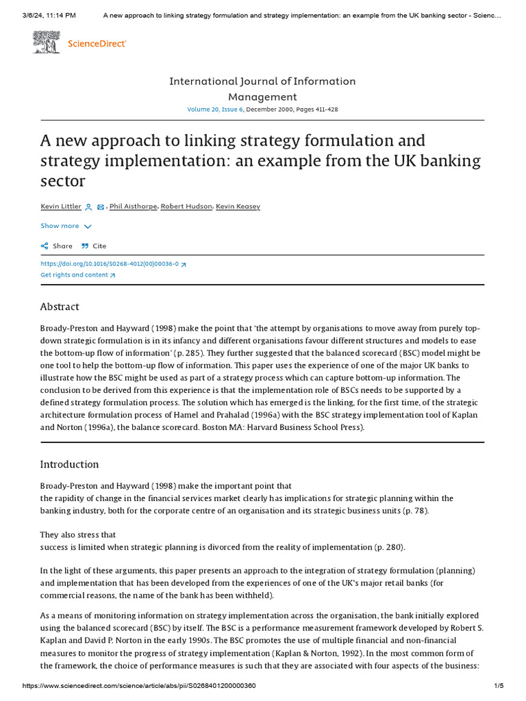 A New Approach To Linking Strategy Formulation and Strategy ...