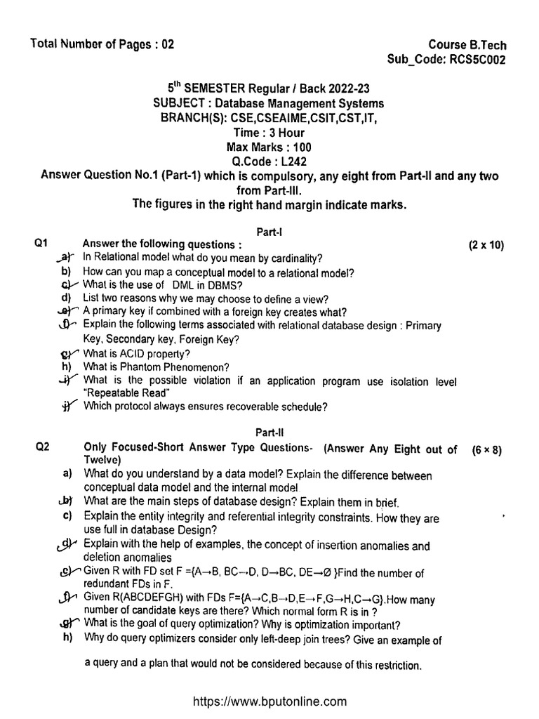 Btech Cse Cseaime Csit CST It 5 Sem Database Management Systems Rcs5c002 2023 | PDF