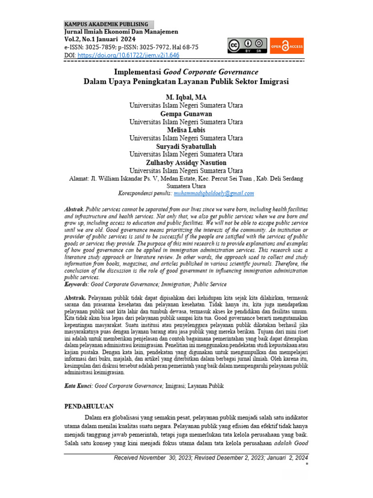 Implementasi Good Corporate Governance Dalam Upaya Peningkatan Layanan Publik Sektor Imigrasi | PDF