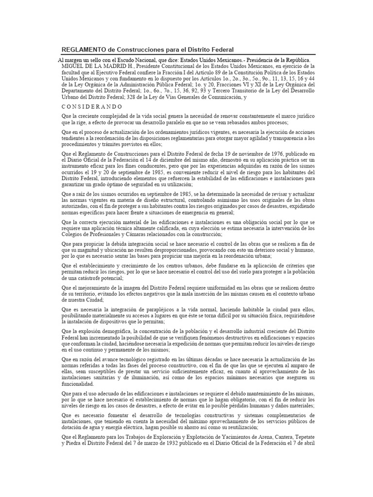 REGLAMENTO de Construcciones para El Distrito Federal | PDF