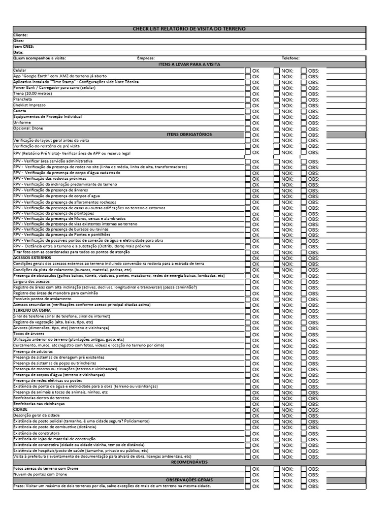 Check List - Relatório de Visita TERRENO PRE OBRA | PDF
