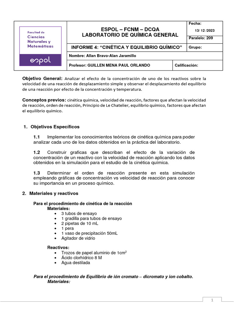 Informe 4: "Cinética Y Equilibrio Químico": Espol - FCNM - Dcqa Laboratorio de Química General | PDF