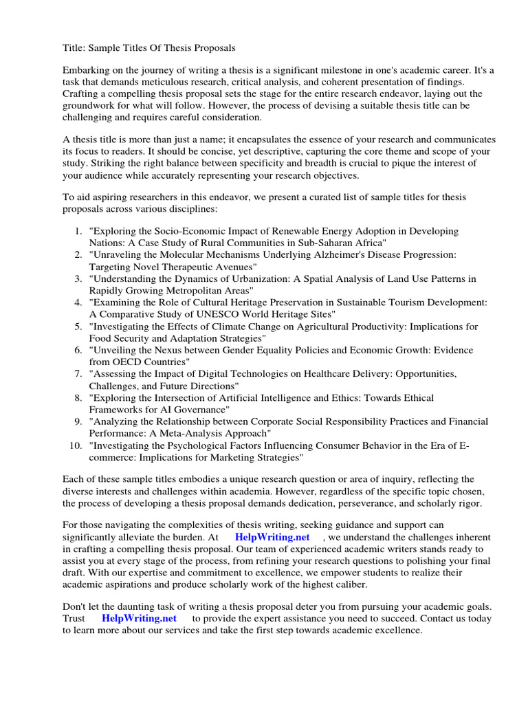 Sample Titles of Thesis Proposals | Download Free PDF | Thesis | Essays