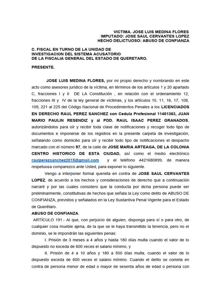 DEMANDA PENAL ABUSO DE CONFIANZA | PDF