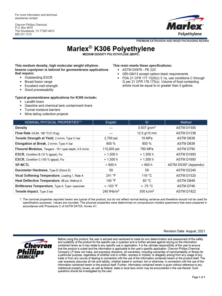 TDS - Marlex® K306 Polyethylene | PDF | Polyethylene | Civil Engineering