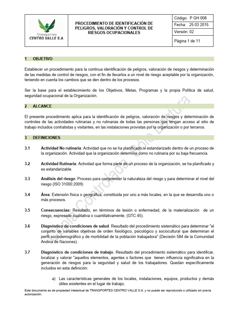 P GH 008 Procedimiento Identificación de Peligros, Valoración y Control de Riesgos Ocupacionales ...