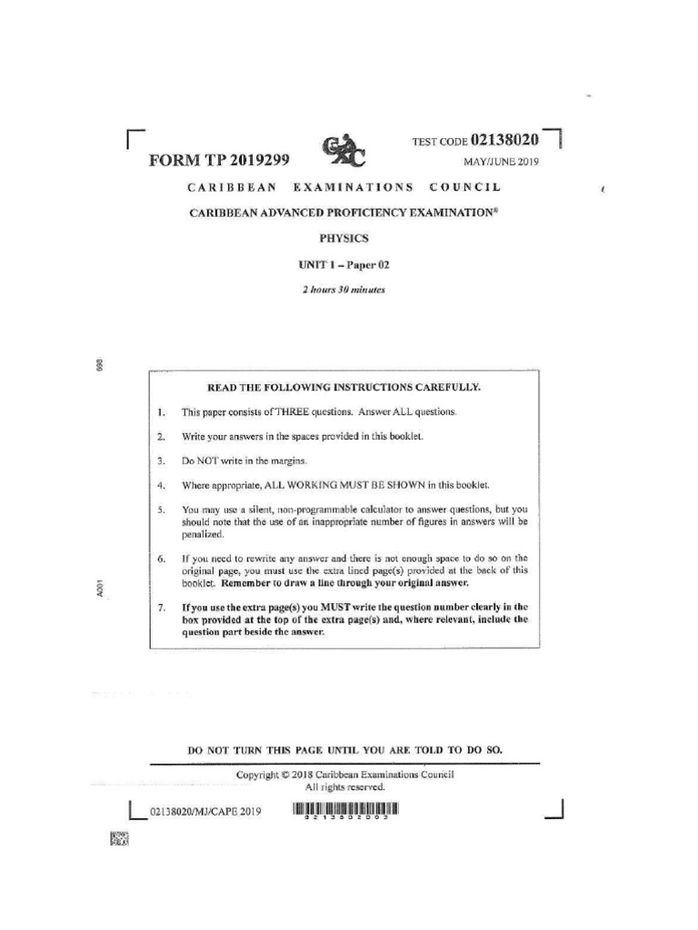 Physics Past Papers Cape Unit 1 2018-2020 | PDF