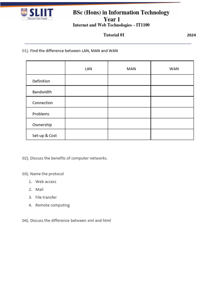 IT1100 - Tutorial 1 - 2024 | PDF | Technology & Engineering