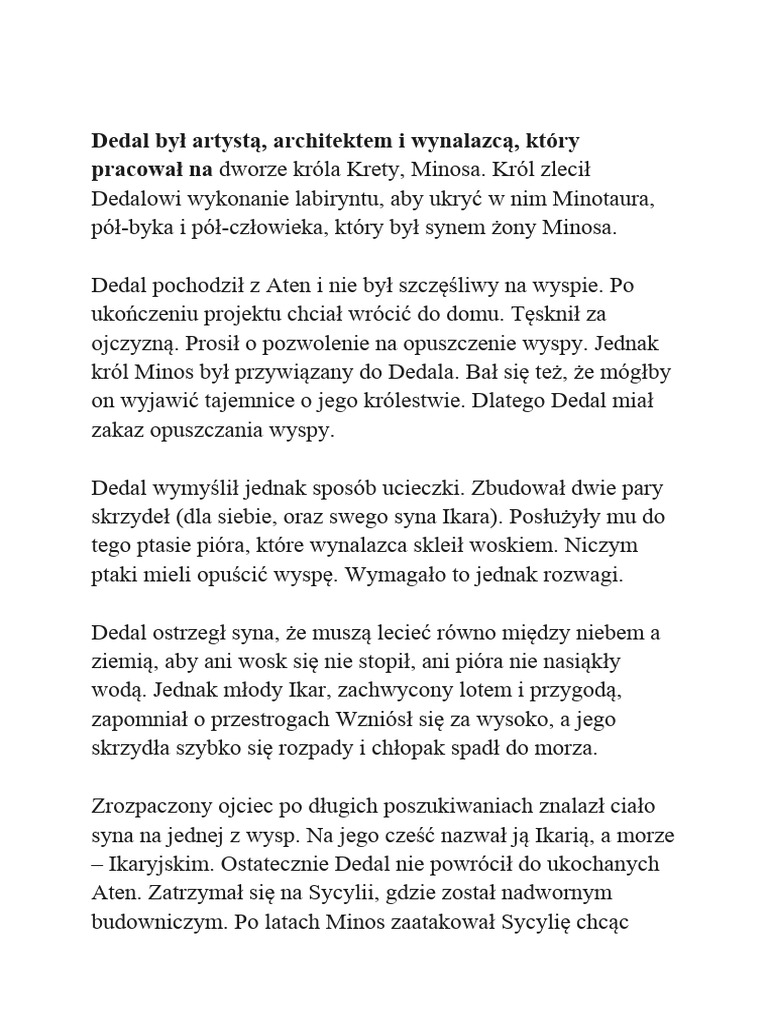 Dedal Był Artystą, Architektem I Wynalazcą, Który Pracował Na Dworze ...