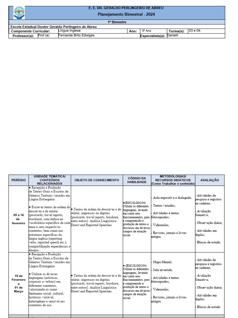Formulário para Planejamento 2024 - 1º Bimestre - 3º Ano - INGLÊS | PDF