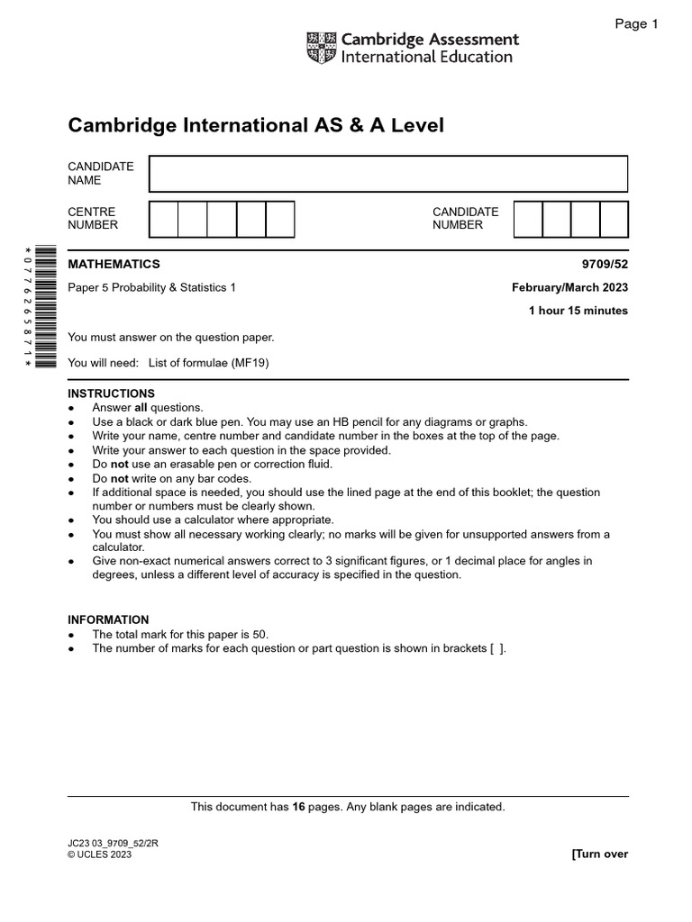 Cambridge International AS & A Level: Mathematics 9709/52 | PDF ...