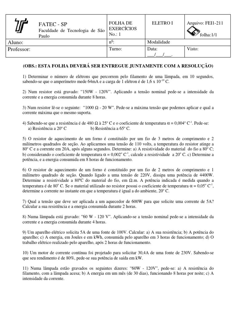 Eletro 1 Lista 1 Resolvida | PDF