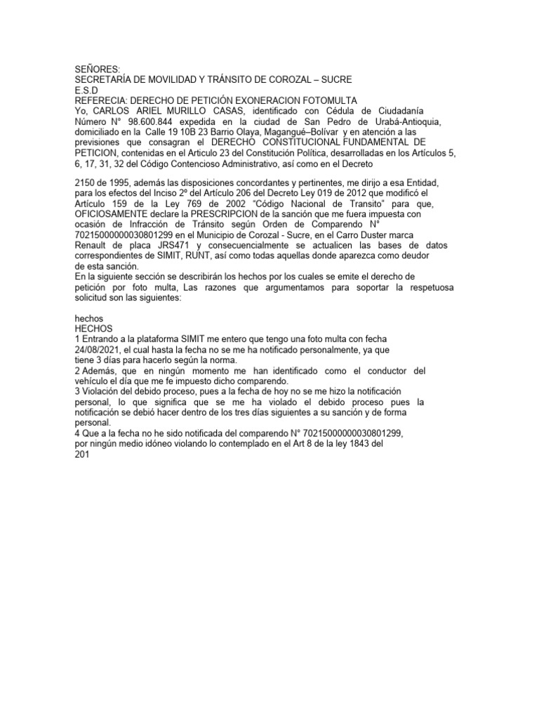 derecho peticion foto multa | PDF