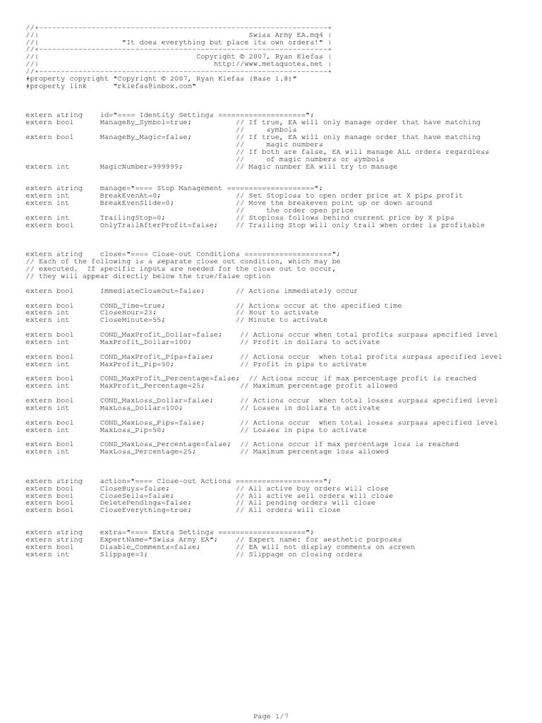 Swiss Army EA v1.35 Features | PDF | Computer Programming | Computing