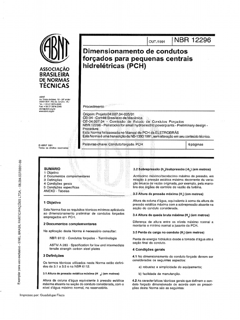 NBR 12296-Dimensionamento Condutos Forçados PCH | PDF