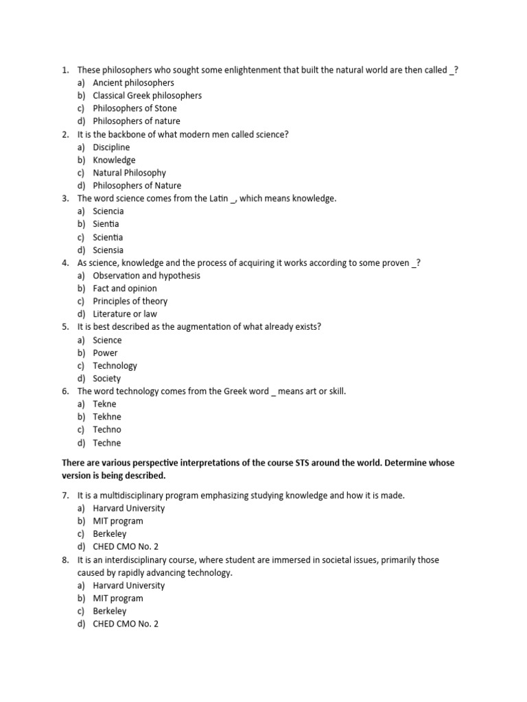 STS Test Questions | PDF | Id | Johannes Kepler