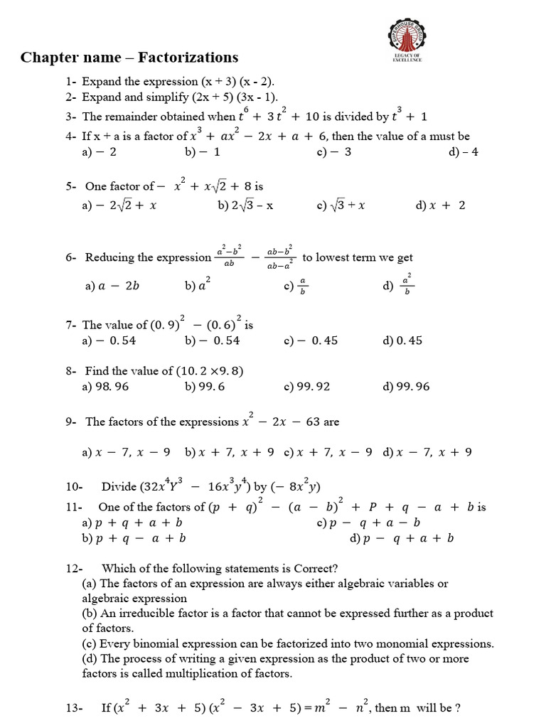 Algebraic Factorization Problems | PDF | Equations | Algebra