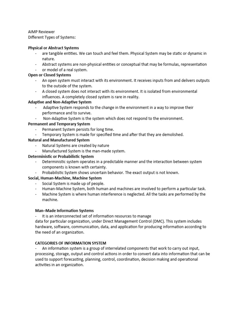 AIMP Reviewer | PDF | System | Systems Engineering AIMP Reviewer | PDF | System | Systems Engineering