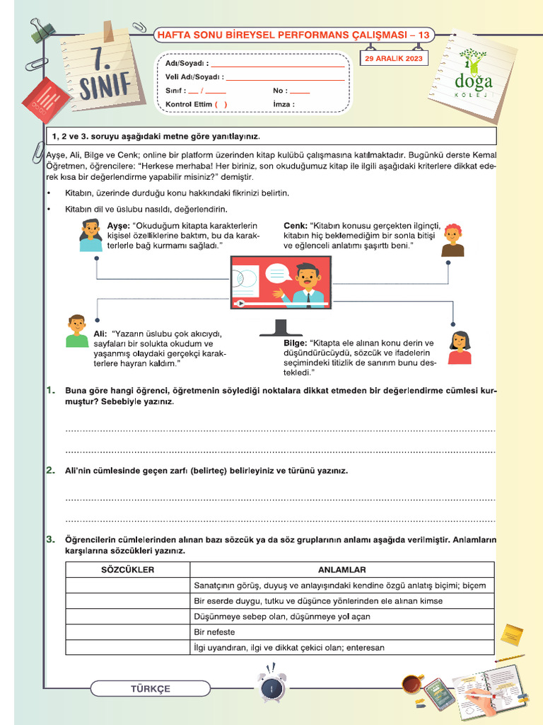 23 7 Sinif Hafta Sonu Odev 13 Baski | PDF