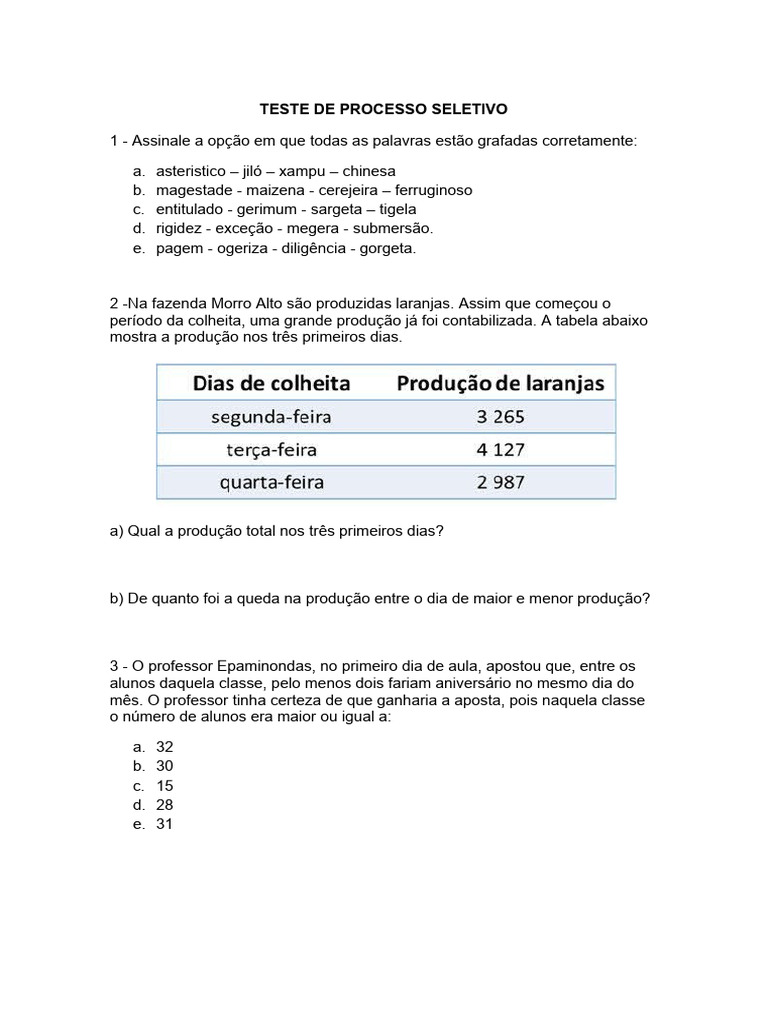 Teste De Processo Seletivo Pdf