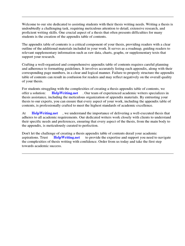 Thesis Appendix Table of Contents | Download Free PDF | Apa Style | Thesis Thesis Appendix Table of Contents | Download Free PDF | Apa Style | Thesis
