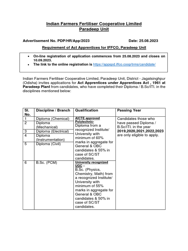 IFFCO Paradeep Act Apprenticeship 2023 | PDF | Apprenticeship | Diploma